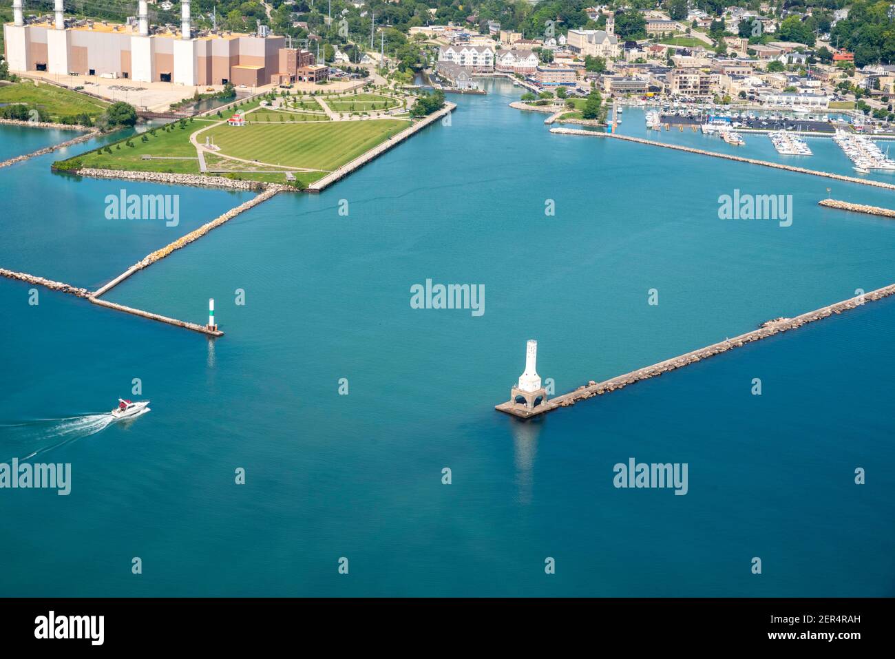 Aerial photograph of Port Washington, Wisconsin on a beautiful summer ...