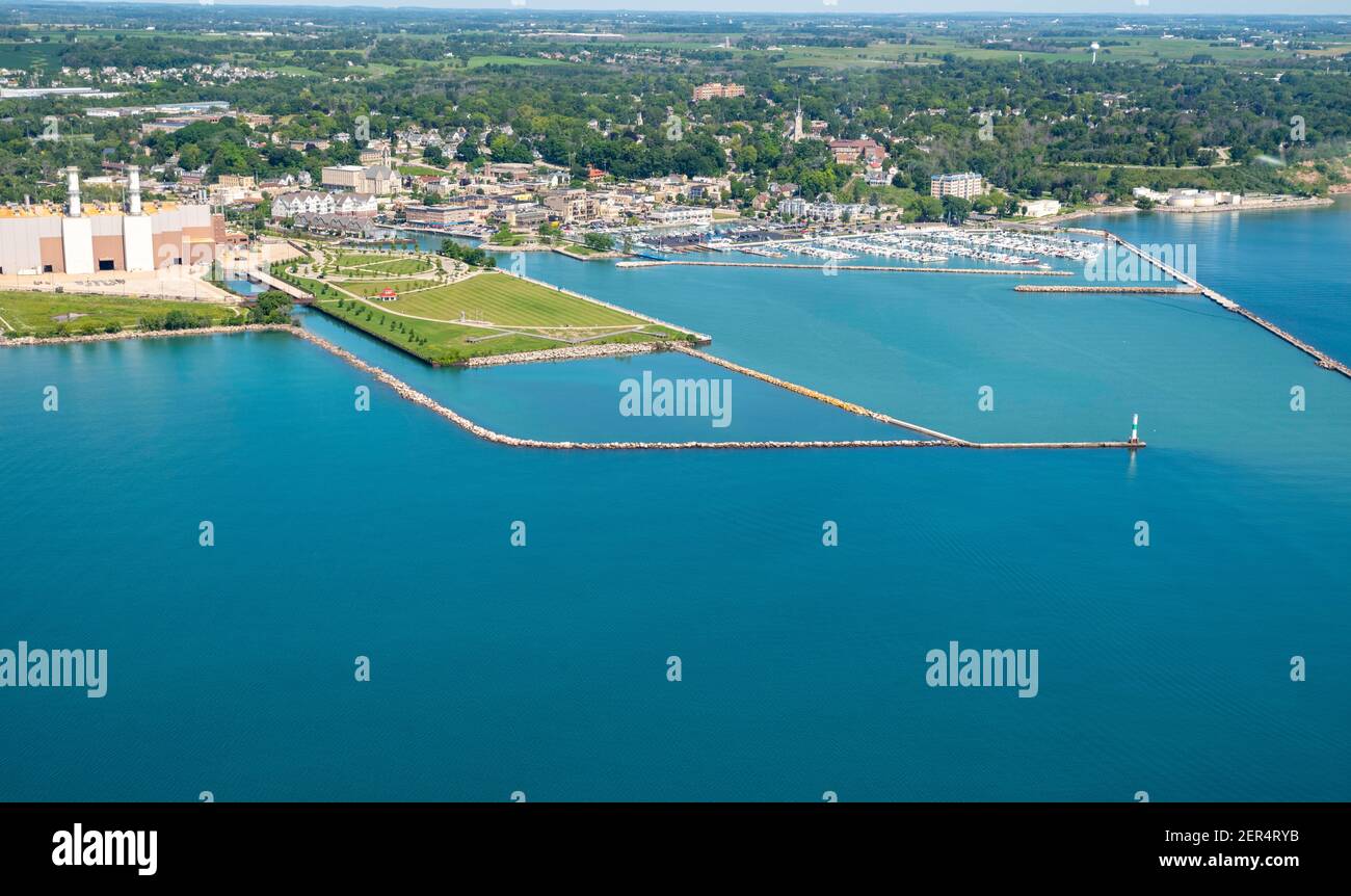 Aerial photograph of Port Washington, Wisconsin on a beautiful summer ...