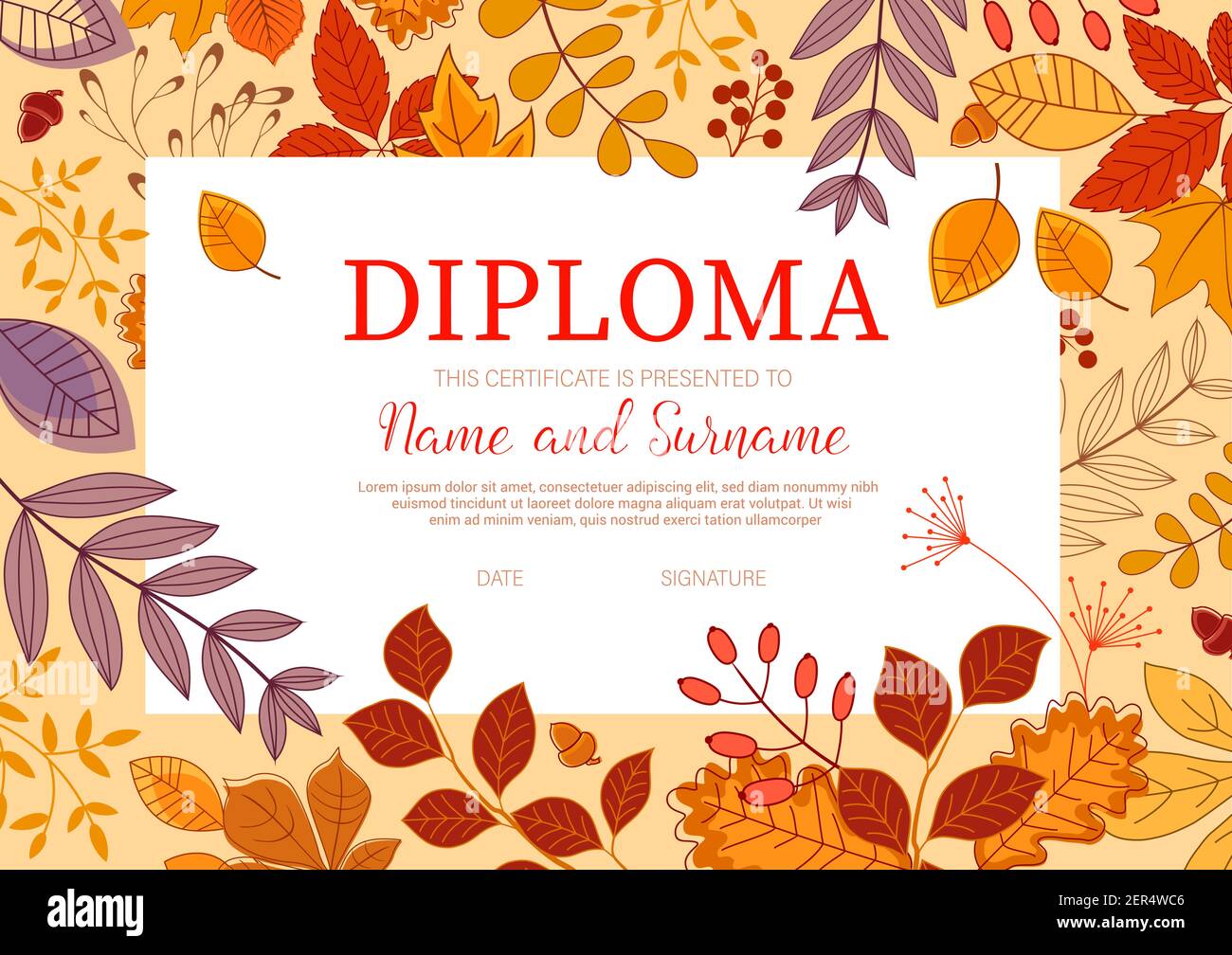 Kids diploma template with autumn leaves. Trees and shrubs branch with ...