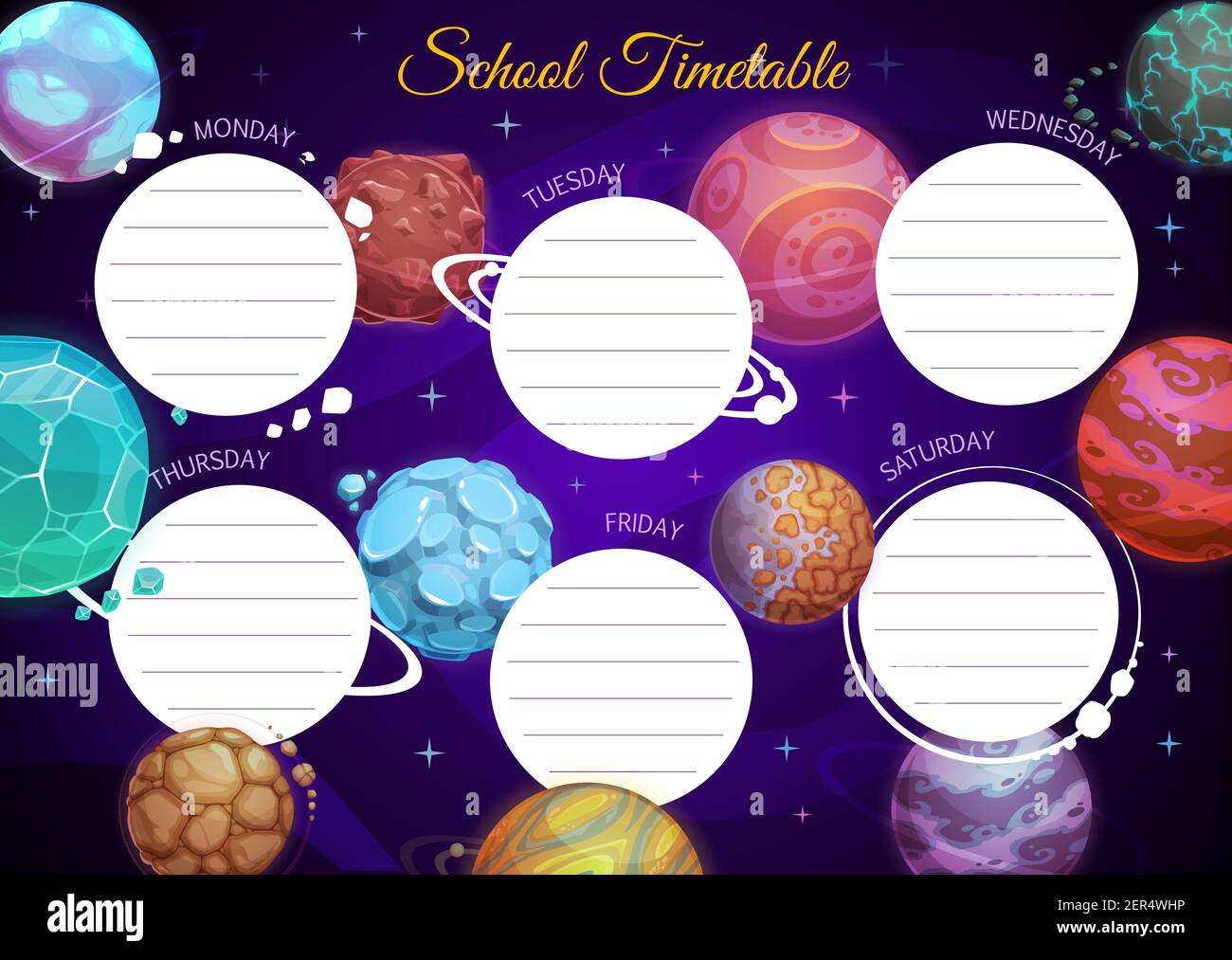 Education school timetable vector template with cartoon fantasy planets ...