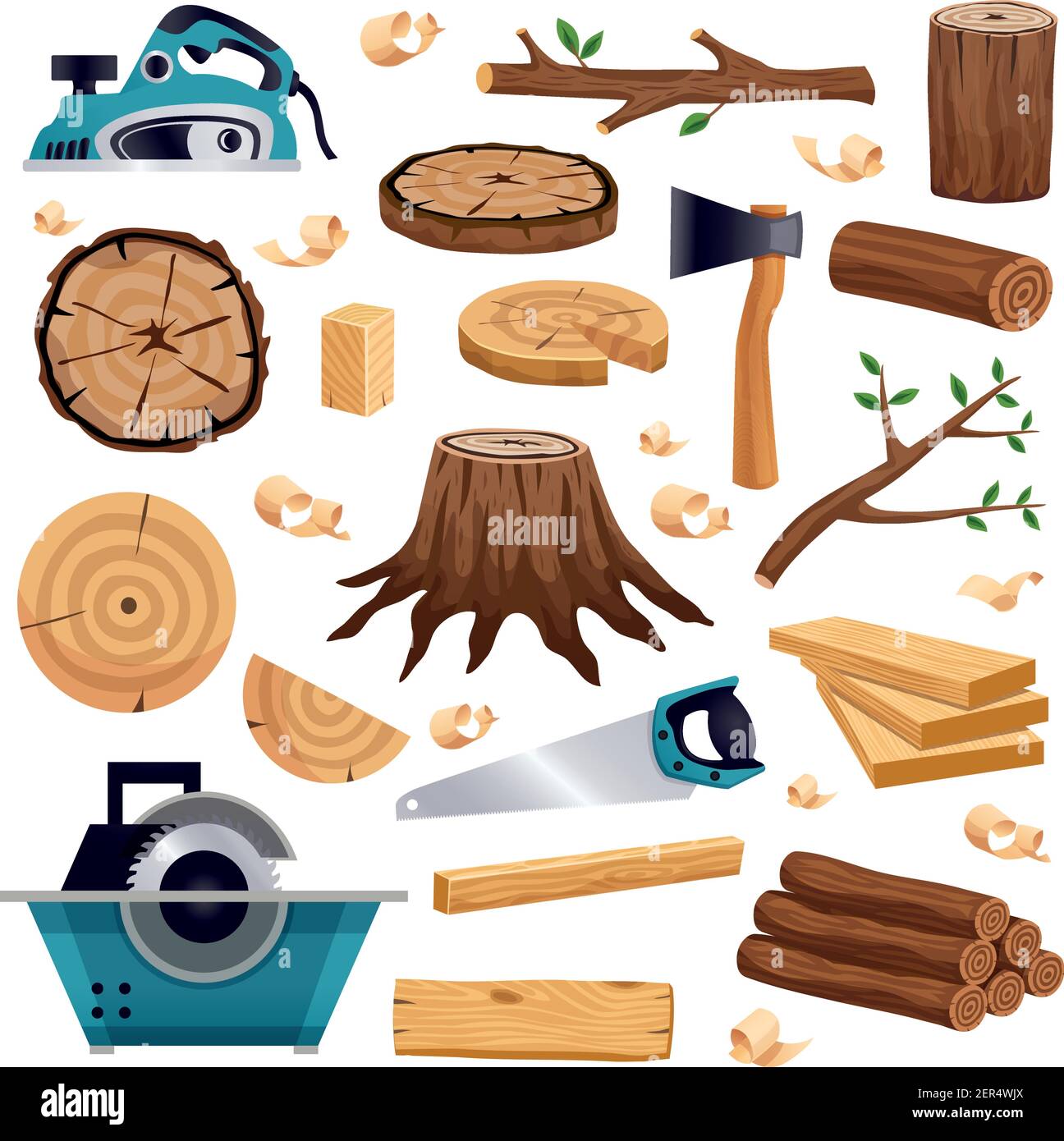 Wood industry material tools and production flat set with tree trunk logs planks saw axe vector ...