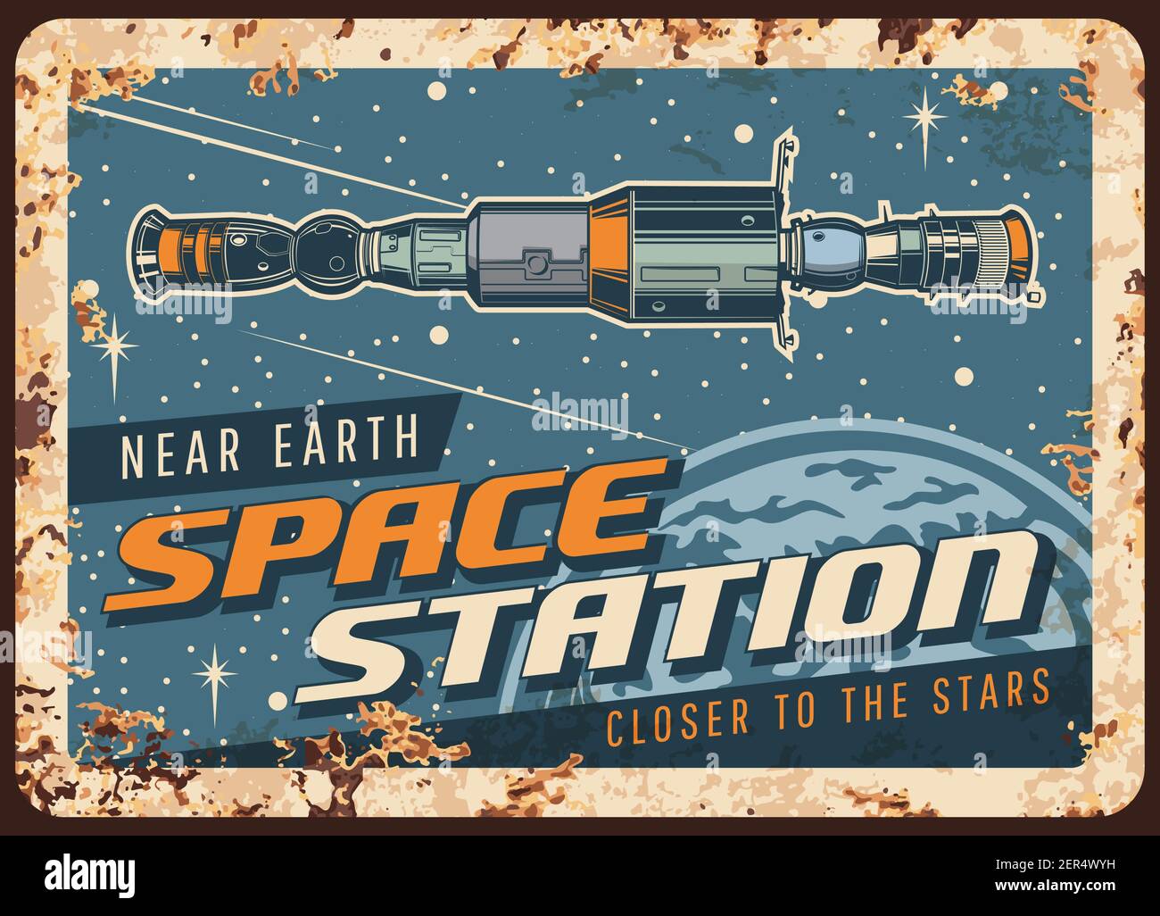 Near earth space station vector rusty metal plate, international orbital space station or ...