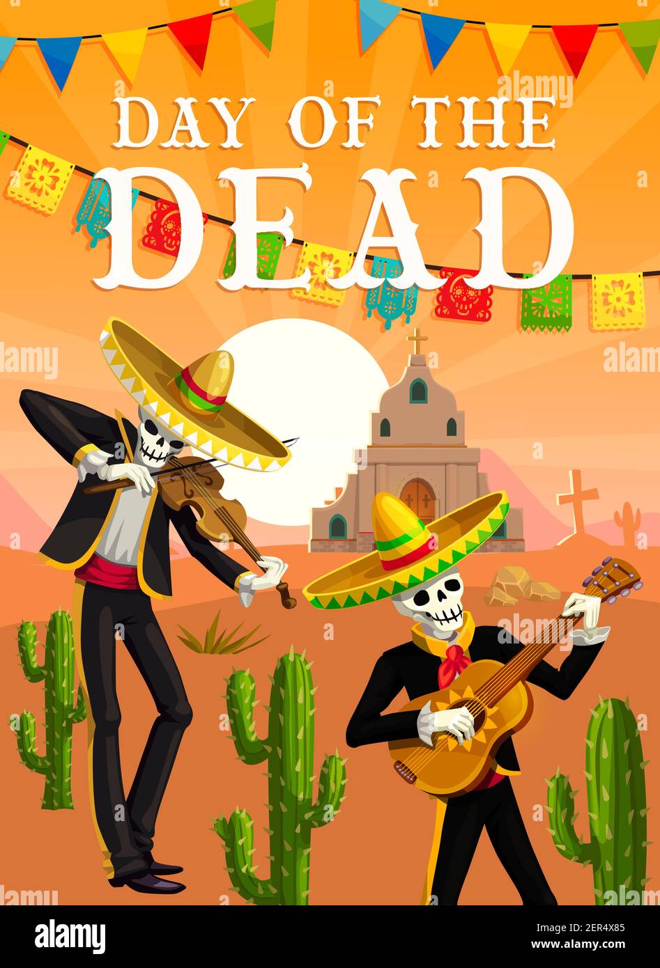 Day of the Dead Mexican fiesta musician skeletons. Vector dead mariachi ...