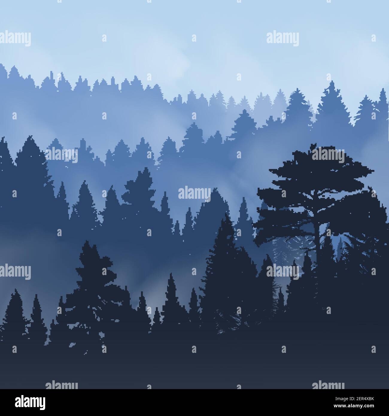 Evening fog over tops of trees of pine forest vector illustration Stock ...