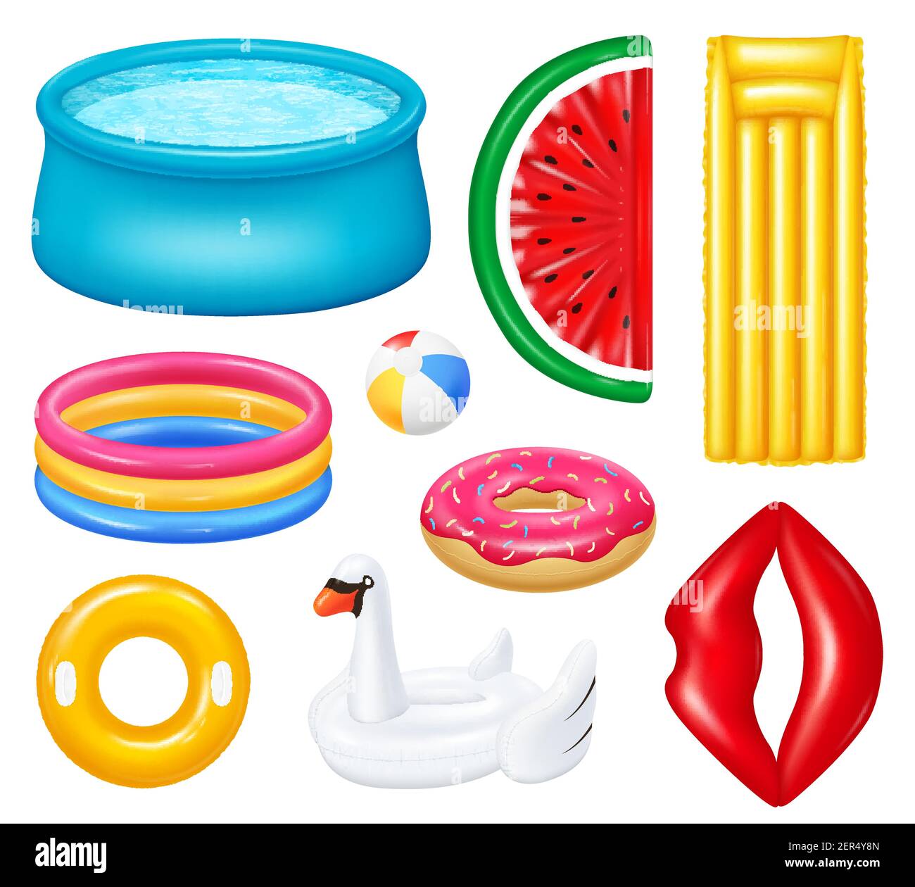 Set of realistic inflatable pools with colorful accessories for ...