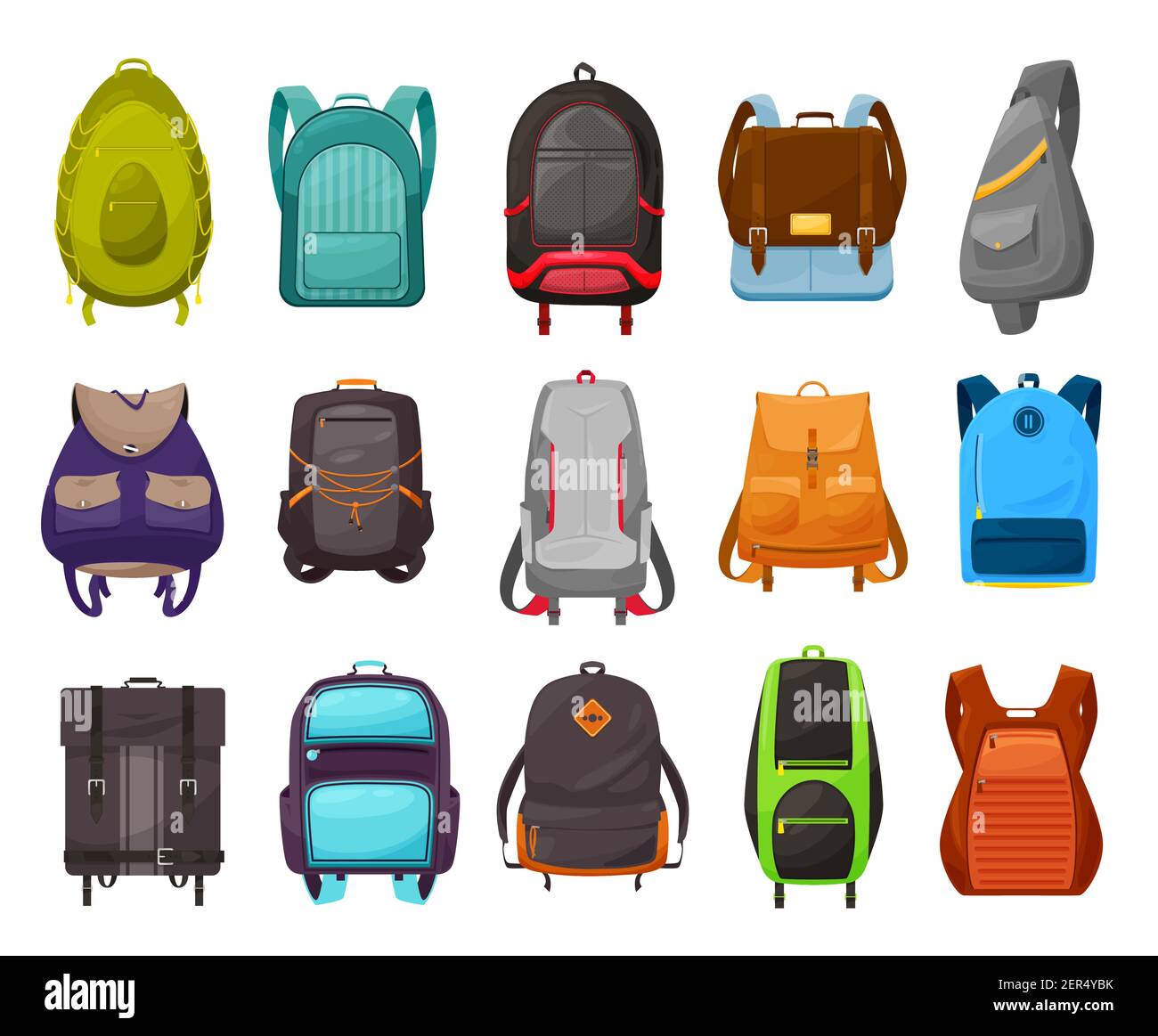Boys school bag and backpack vector icons set. Isolated cartoon ...