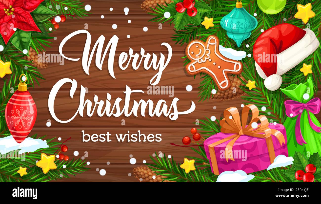 Christmas tree branches with Xmas gifts and Santa hat vector design ...