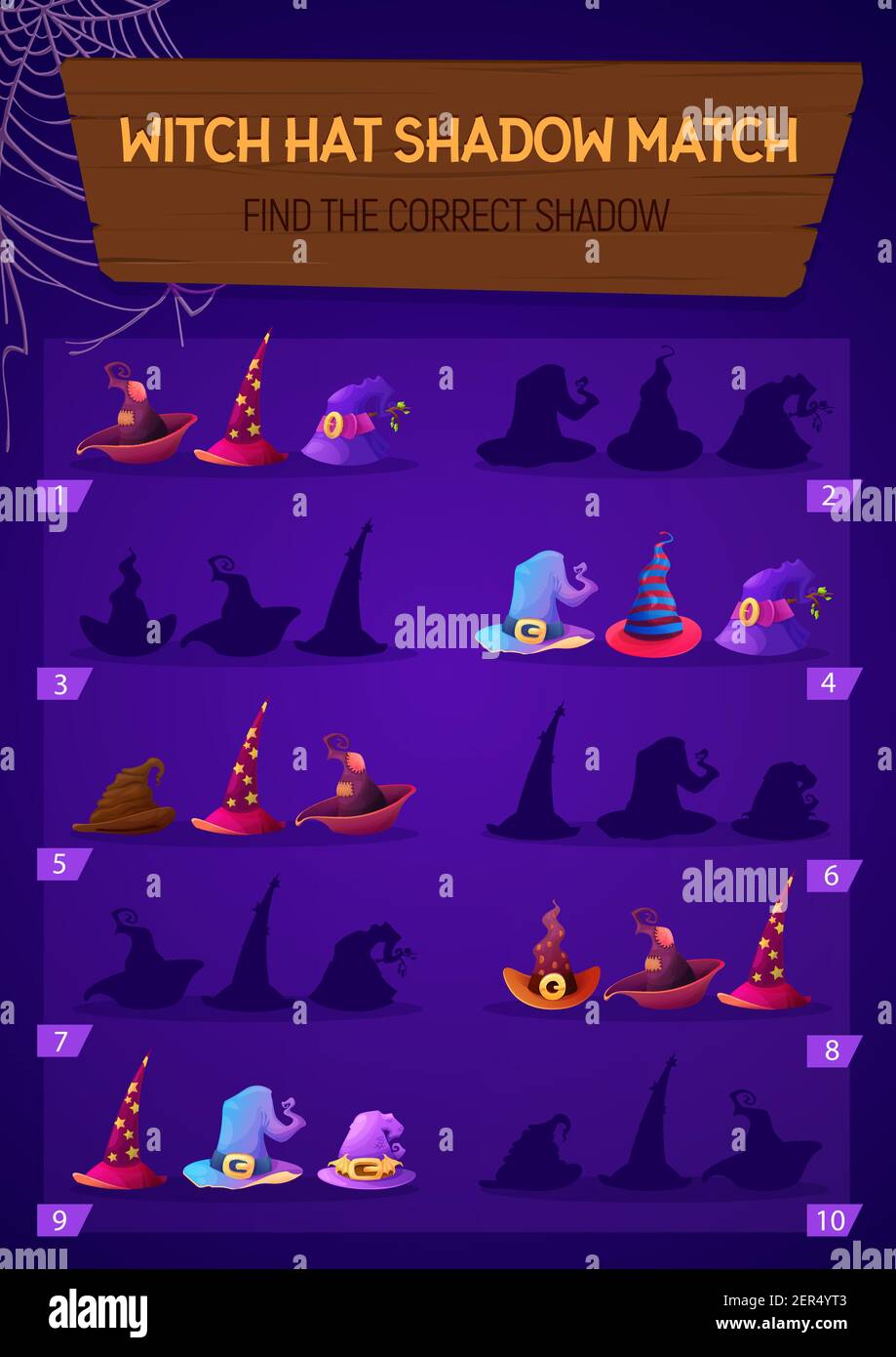 Kids game witch hat shadow match, children logic activity, preschool or ...