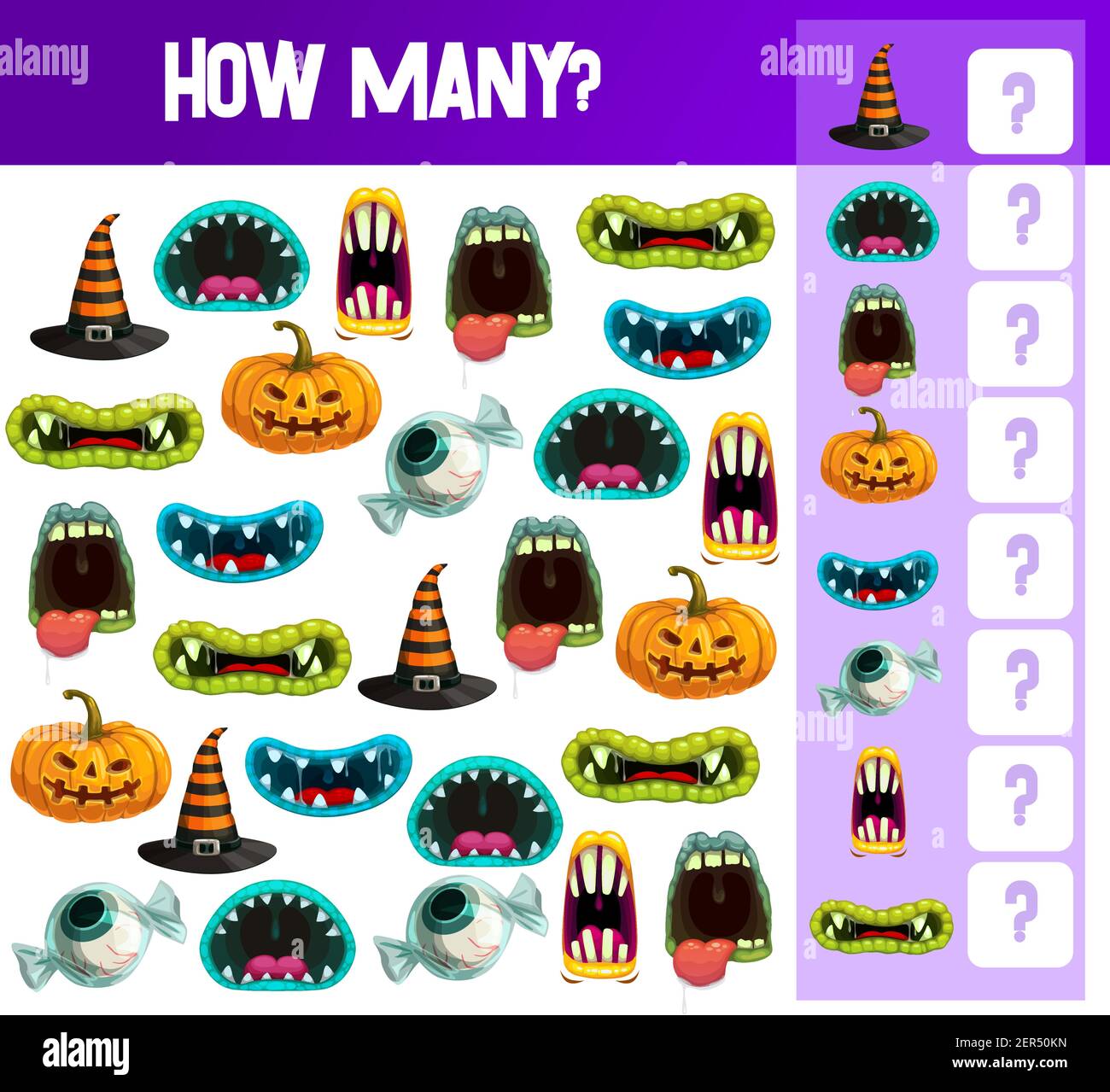 Halloween counting game vector template of kids educational puzzle or ...