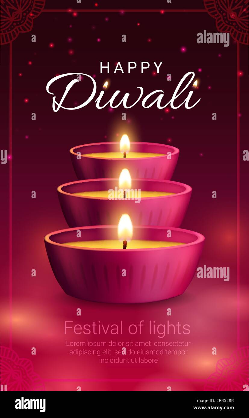 Diya lamps, vector Diwali or Deepavali light festival of Indian Hindu ...