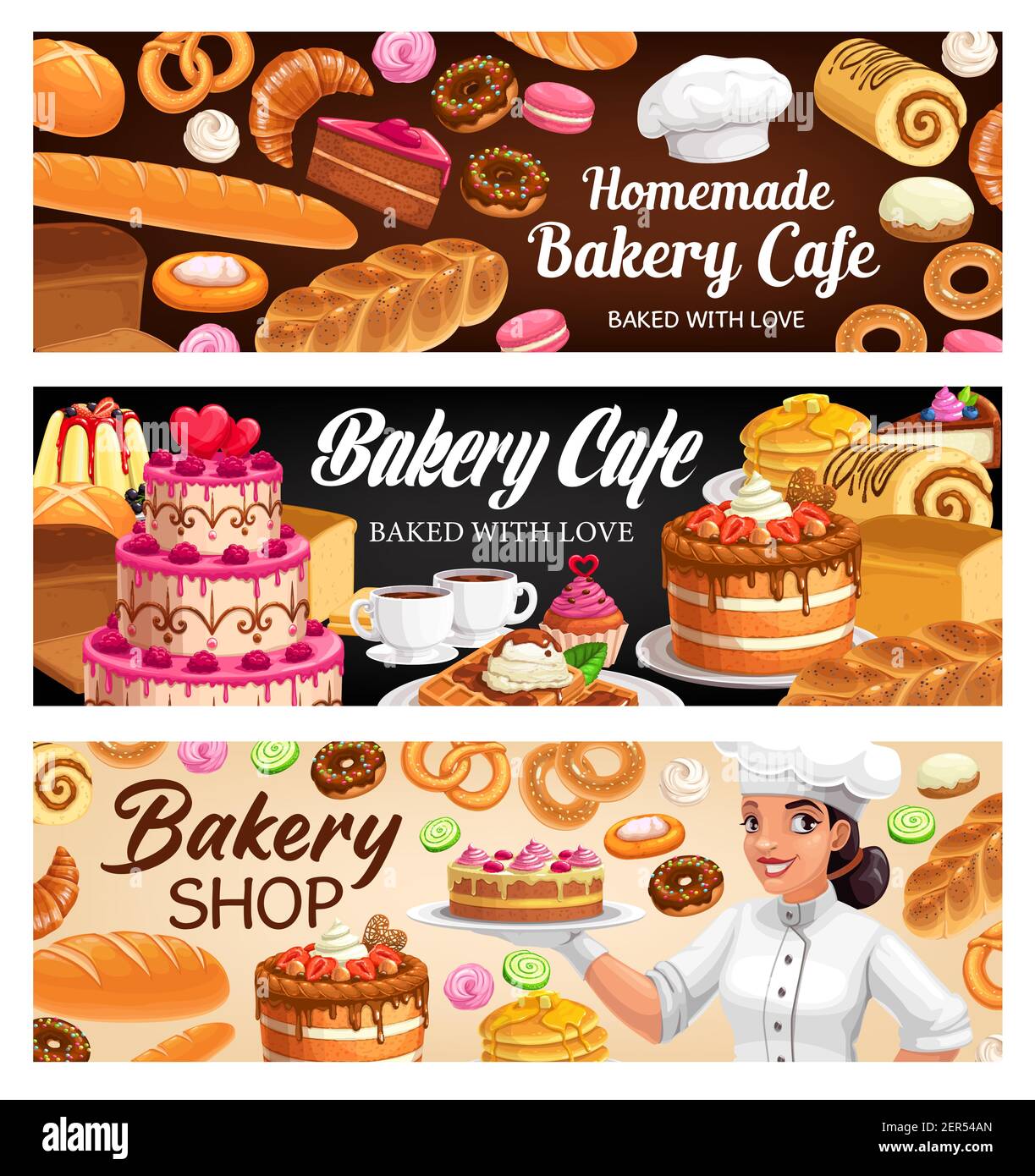 Bakery shop desserts, cakes and pastry vector banners. Baker woman ...