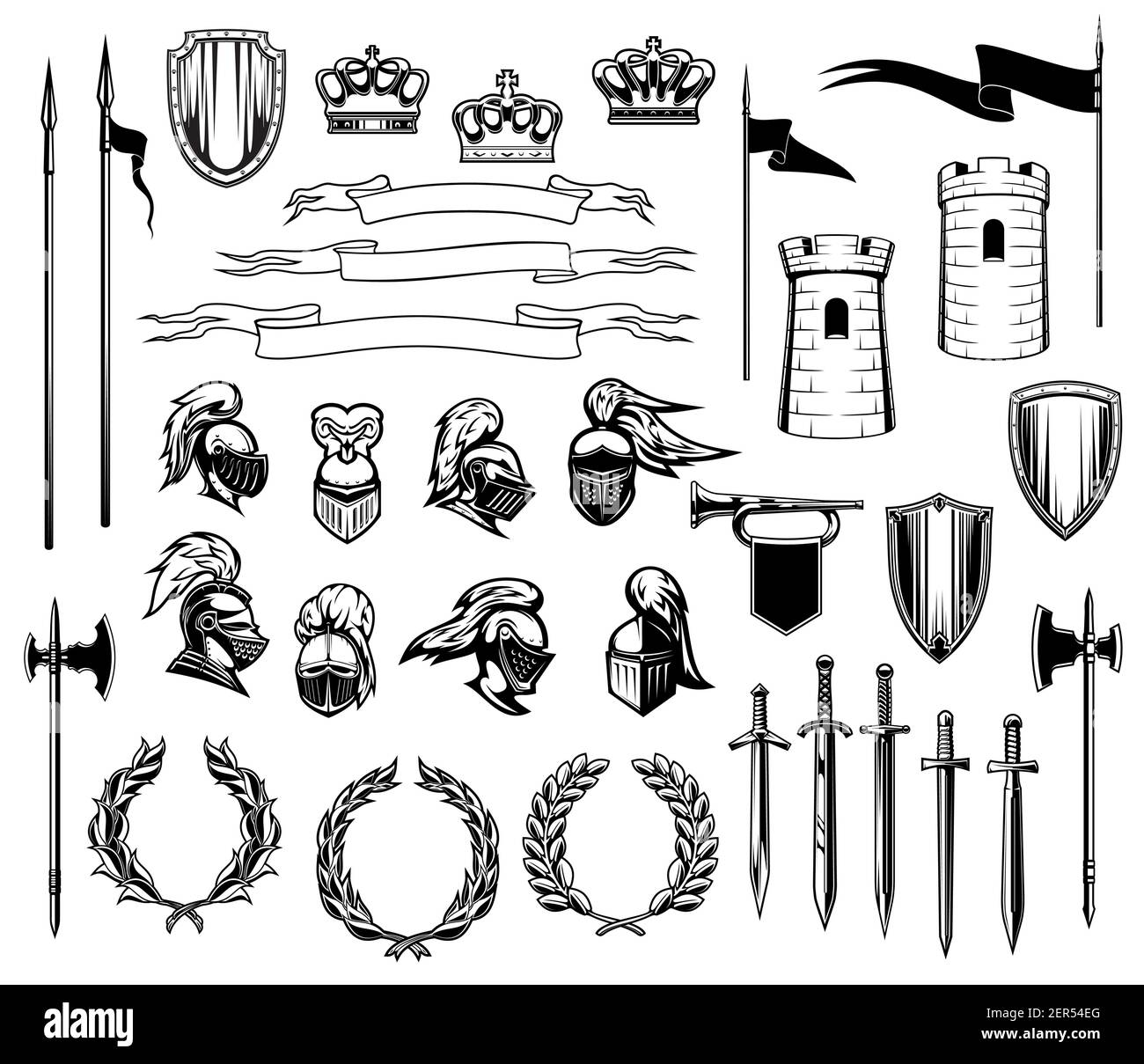 Knight heraldry vector set of medieval shields, royal crowns, knight ...