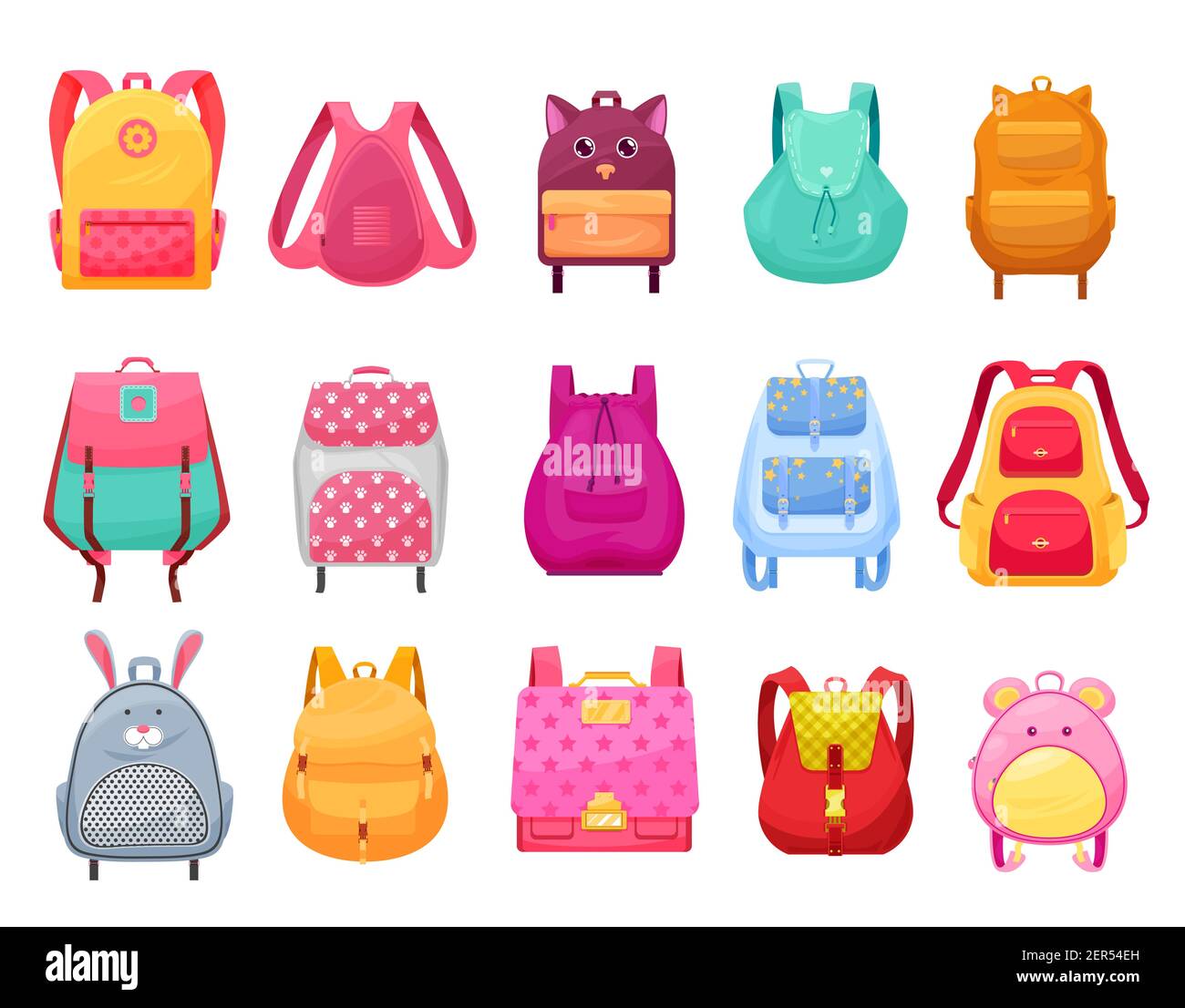 School bag and backpack for girls isolated cartoon icons set. Vector ...