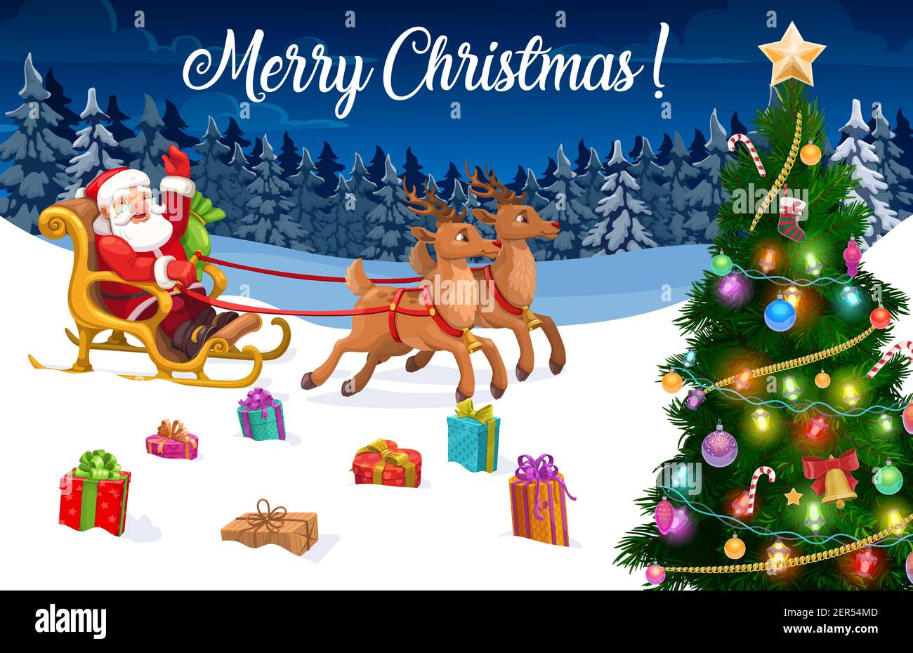 Christmas sleigh, Santa and Xmas tree with gifts. Vector reindeer ...