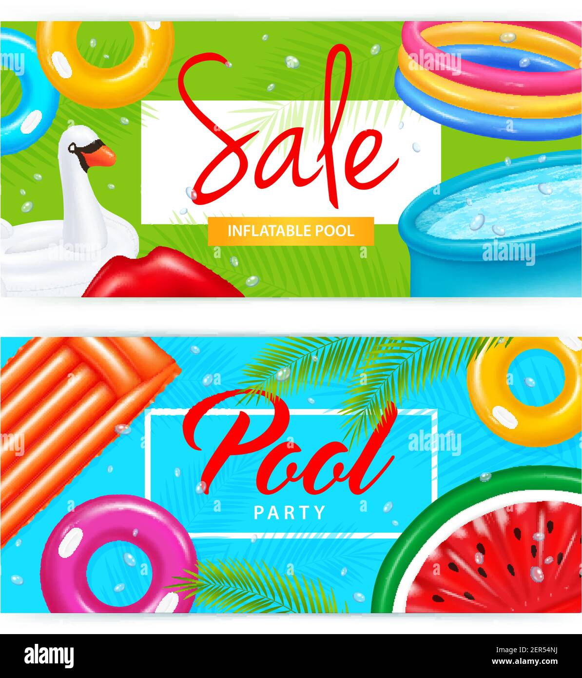 Set of horizontal banners realistic inflatable pool and colorful ...