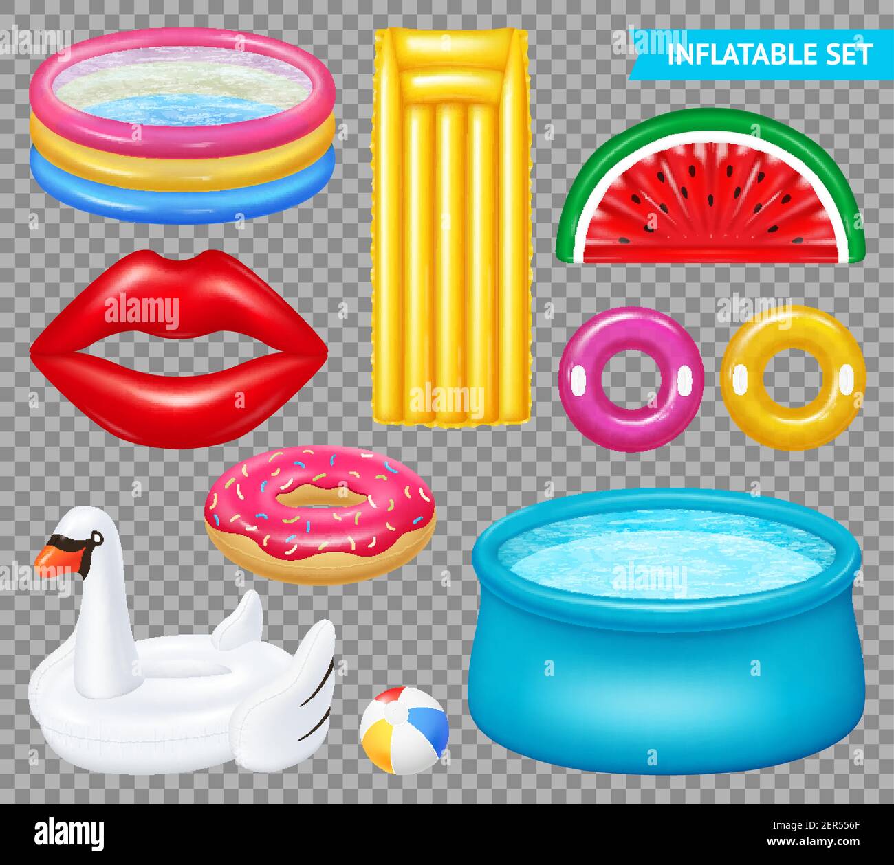 Set of realistic inflatable objects pools and swimming equipment ...