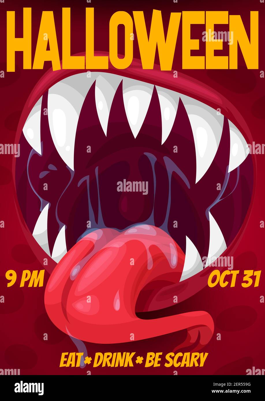 Halloween night horror party vector poster of screaming monster with ...