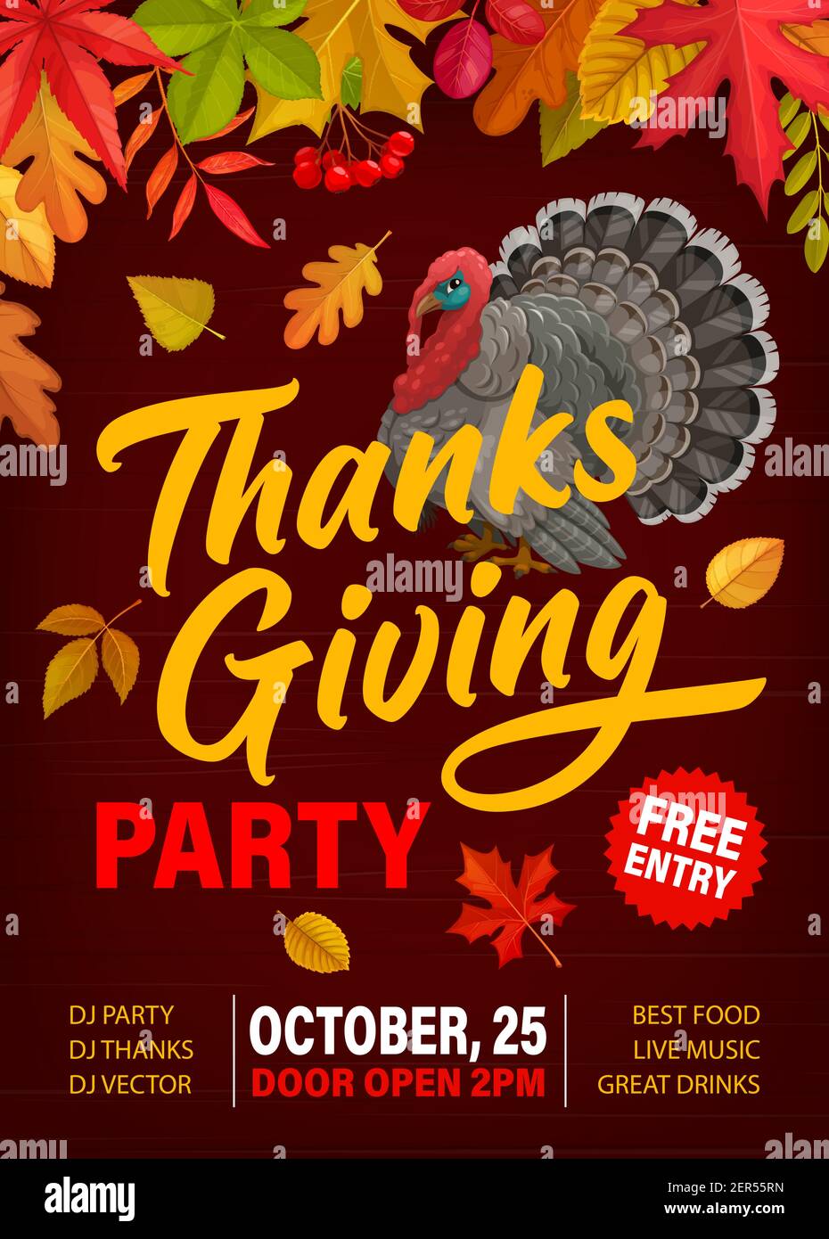 Thanks Giving party vector flyer with turkey, fallen leaves and ...