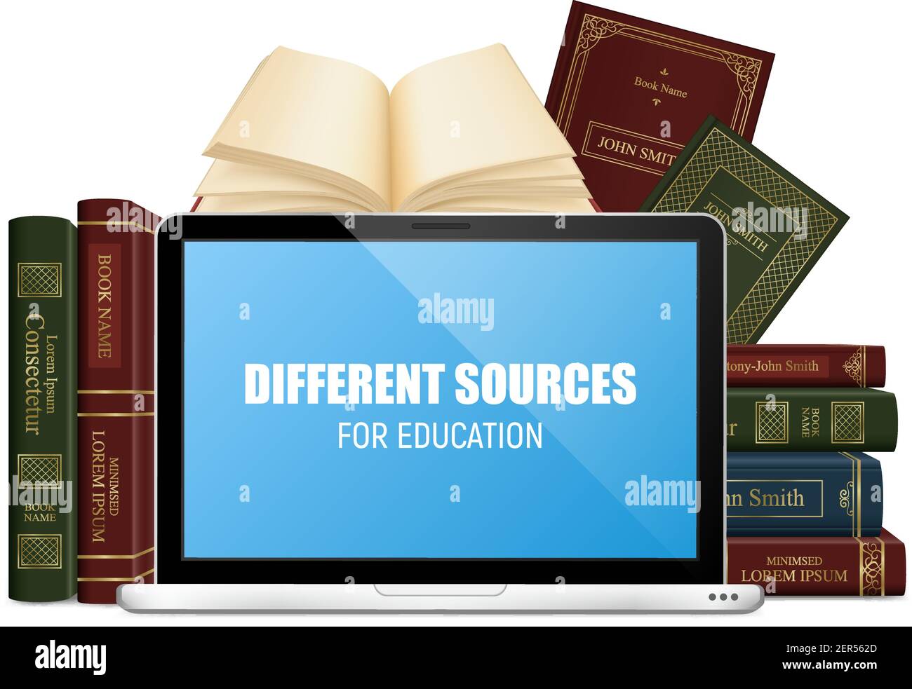 Education books in hard cover and laptop with lettering on blue screen ...