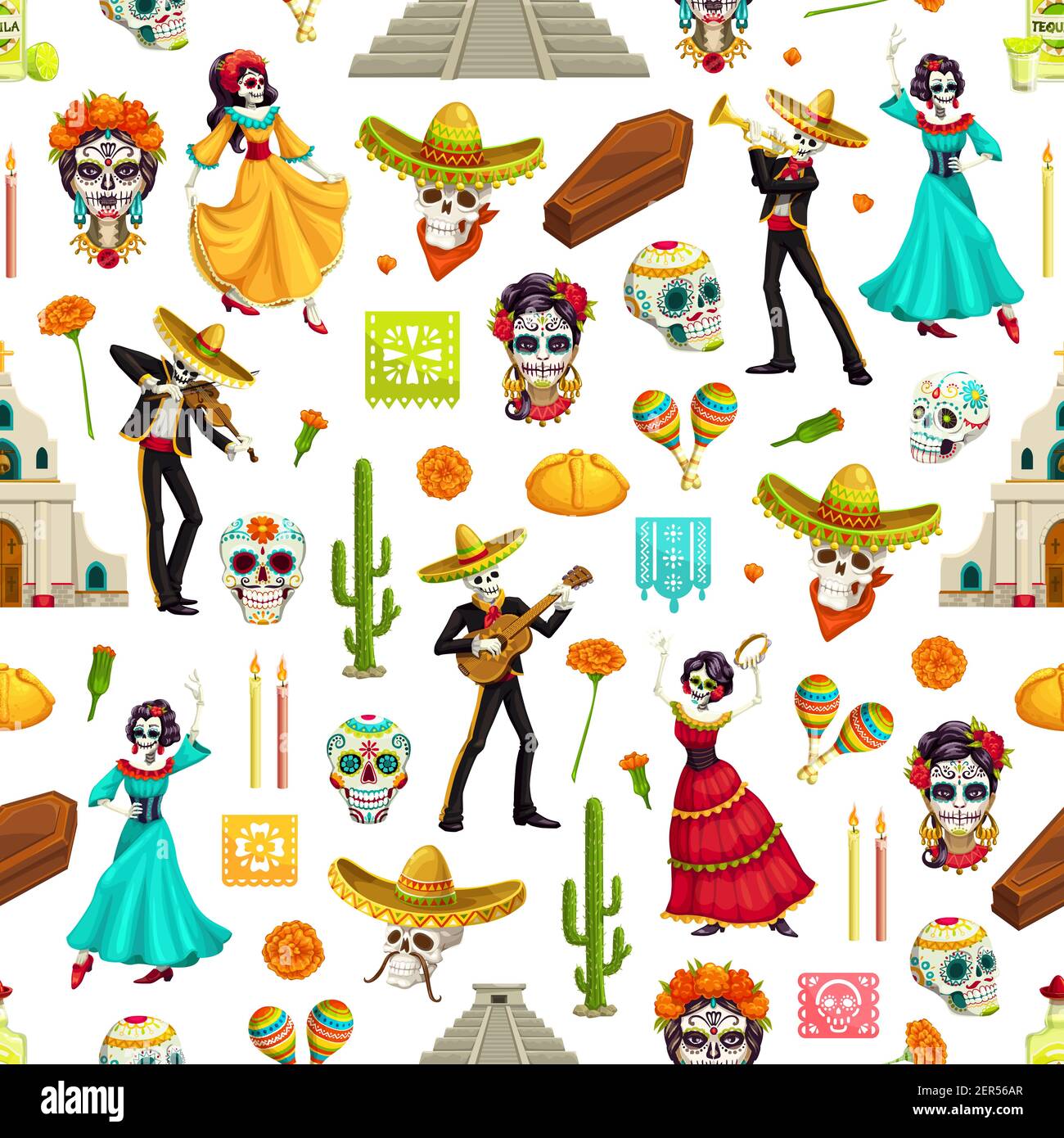 Mexican Day of the Dead seamless pattern. Vector background of Dia de ...