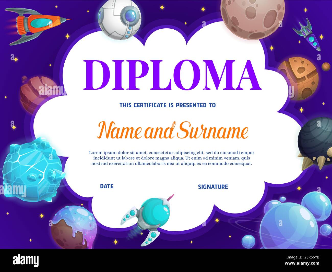 Education school diploma with vector, rockets and planets. Kindergarten ...