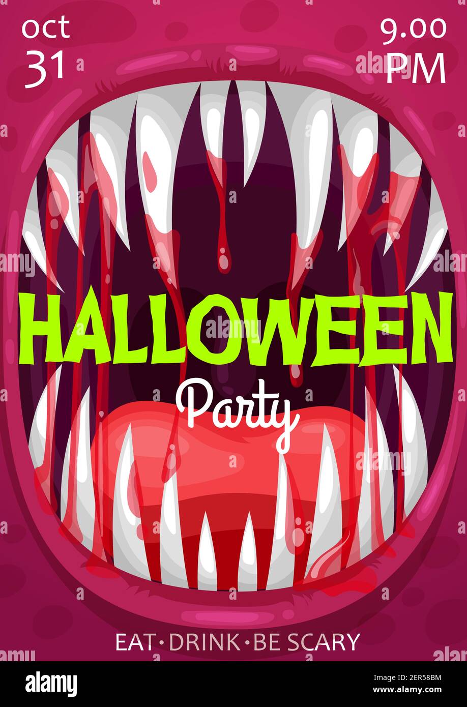 Halloween vampire monster scream vector poster of horror night party ...