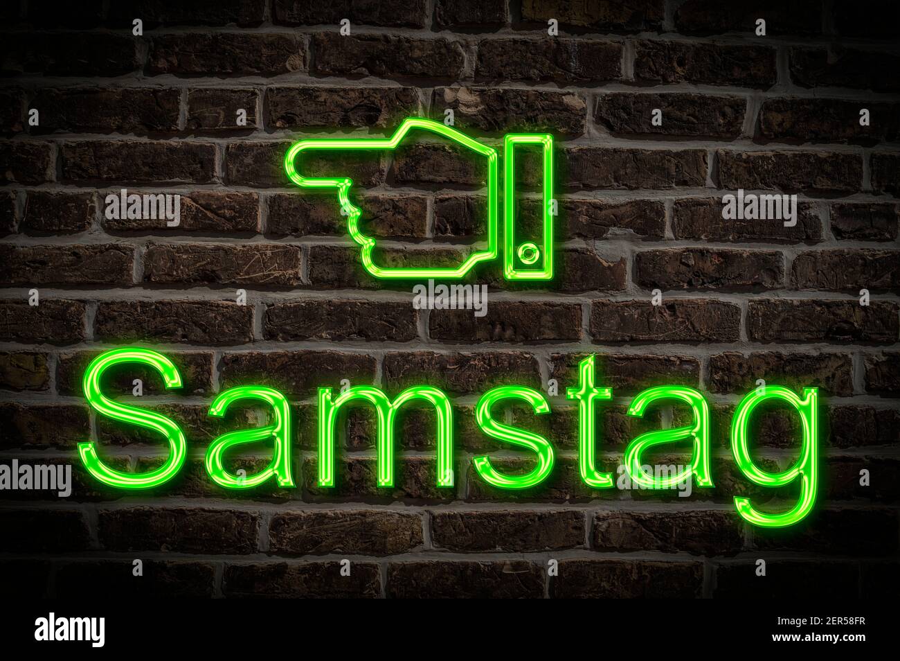 Detail photo of a neon sign on a wall with the inscription Samstag ...