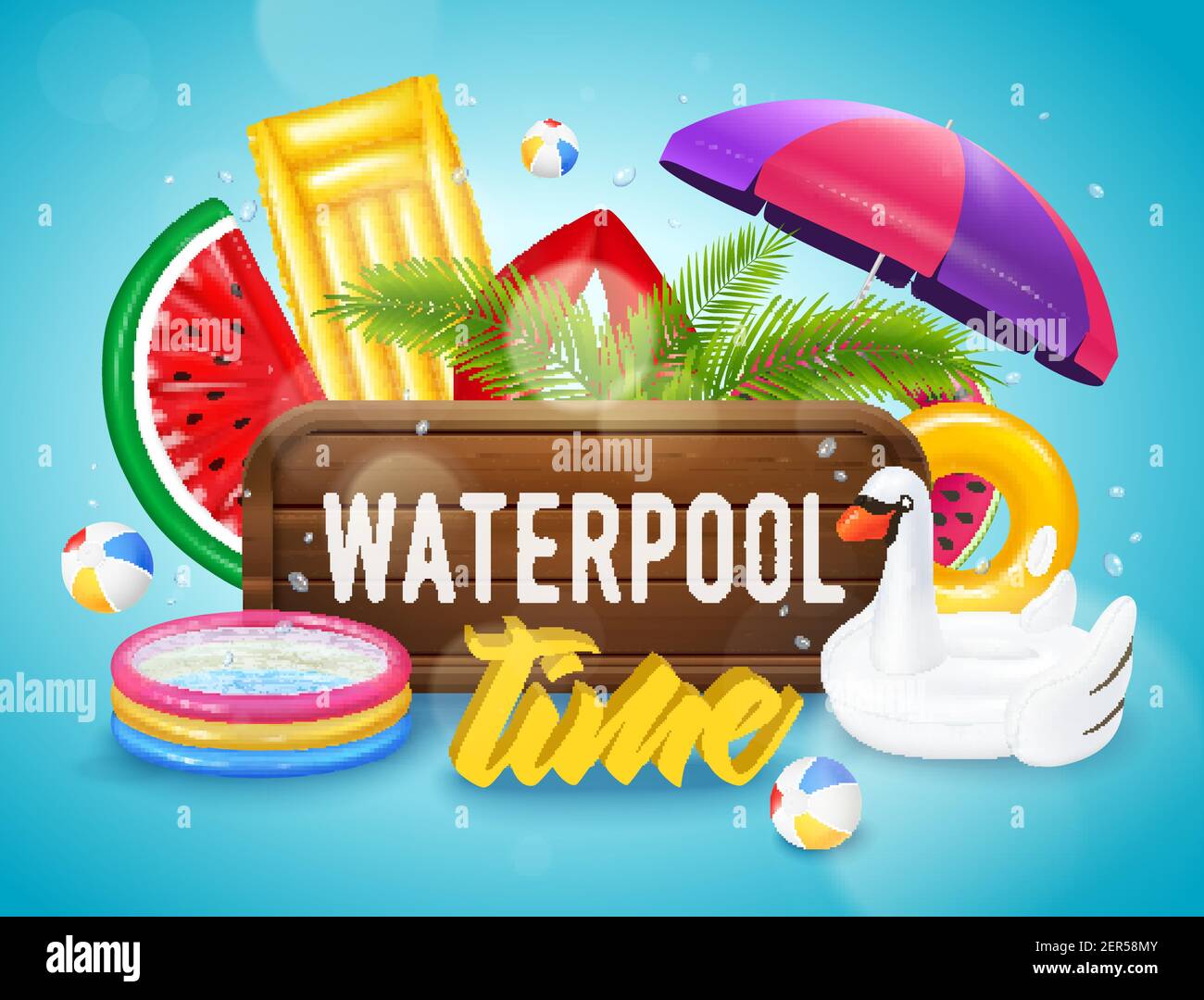 Realistic inflatable pool with swimming equipment horizontal poster on ...