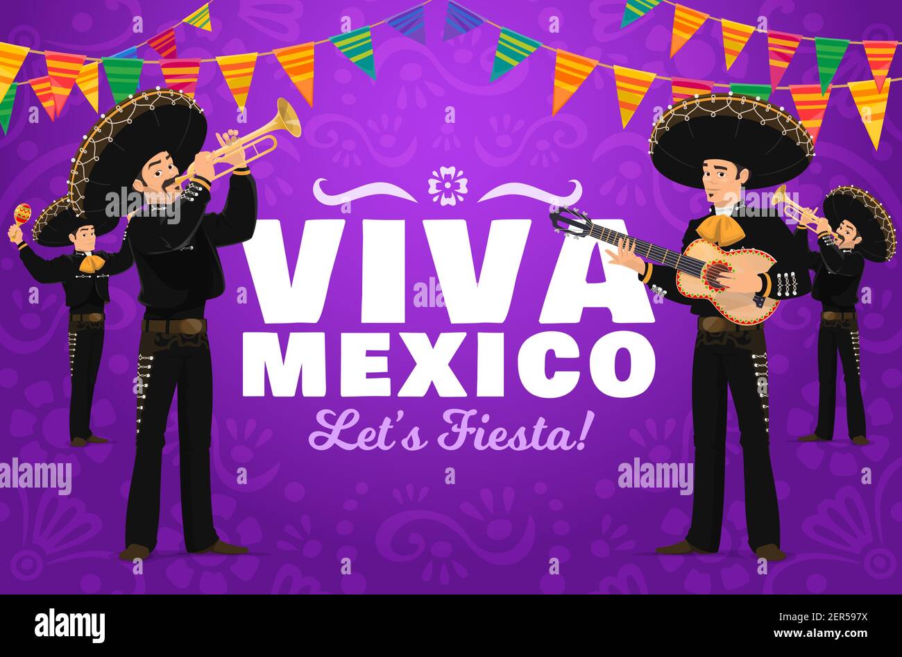 Viva Mexico fiesta vector design with mariachi cartoon characters ...