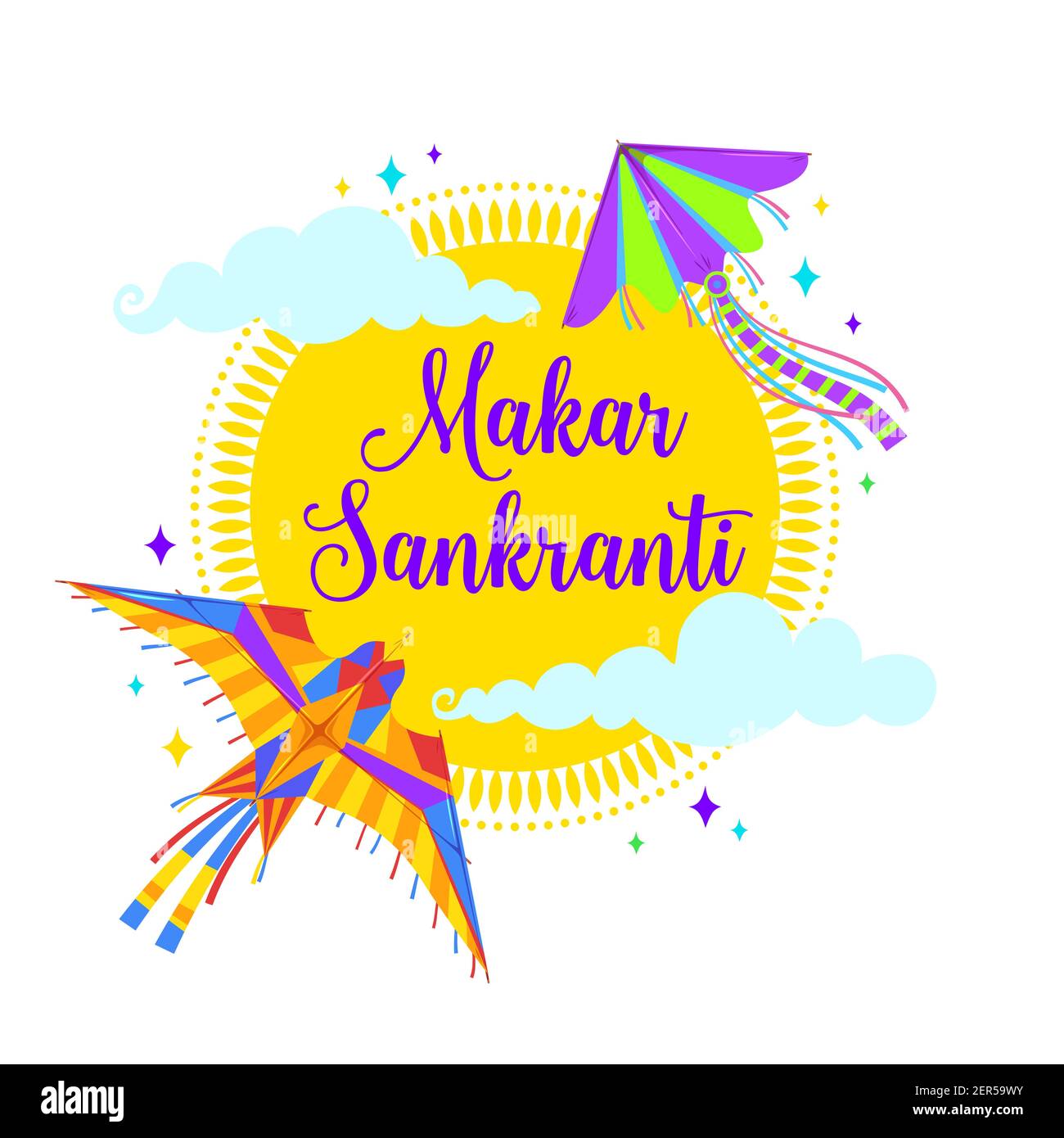 Makar Sankranti kites, sun and clouds, vector Indian festival of Hindu ...