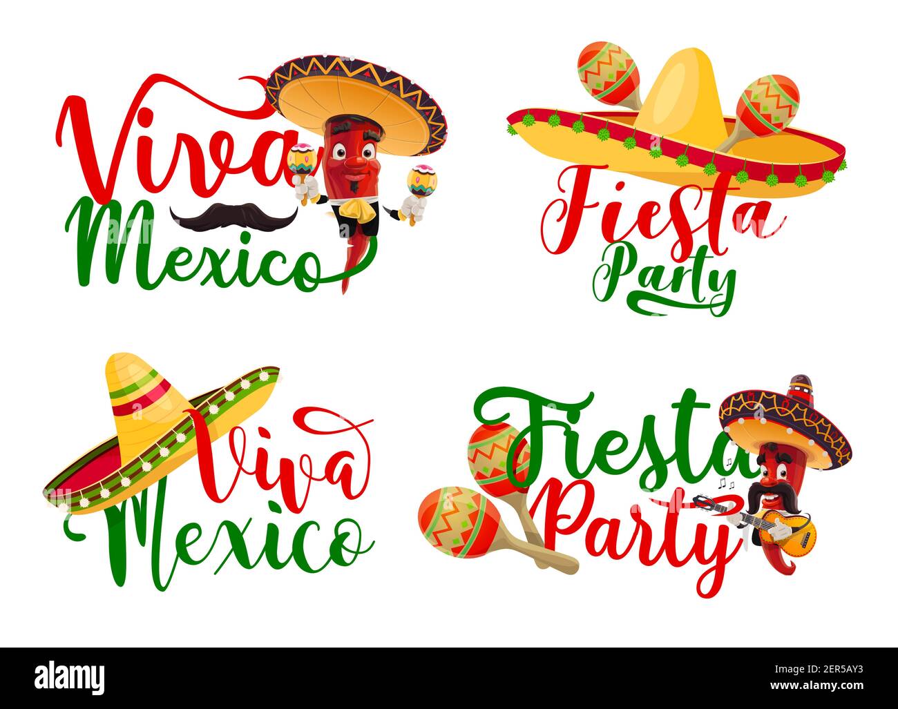 Viva Mexico vector icons set with Mexican fiesta party chilli mariachi ...