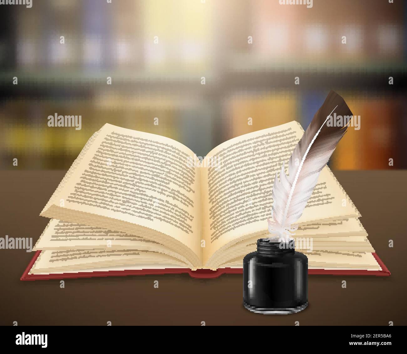 Hand written literary work on pages of open book with feather and ...