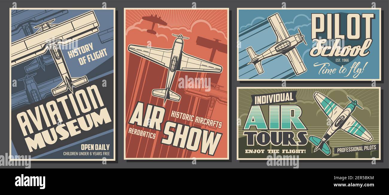 Aviation museum, flight school and air tour retro banners. Airplanes ...