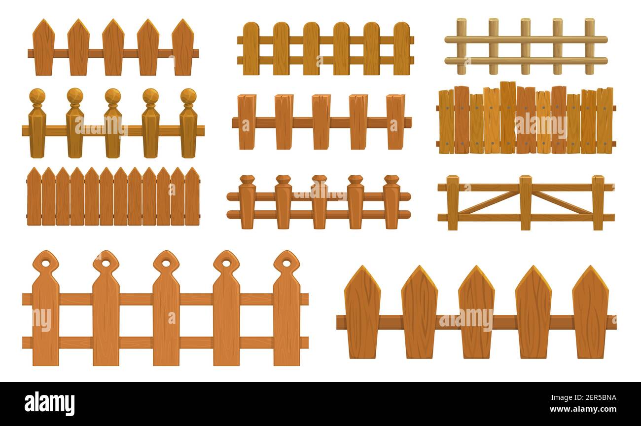 Cartoon fence, wooden palisade vector farm gates or balustrade with ...