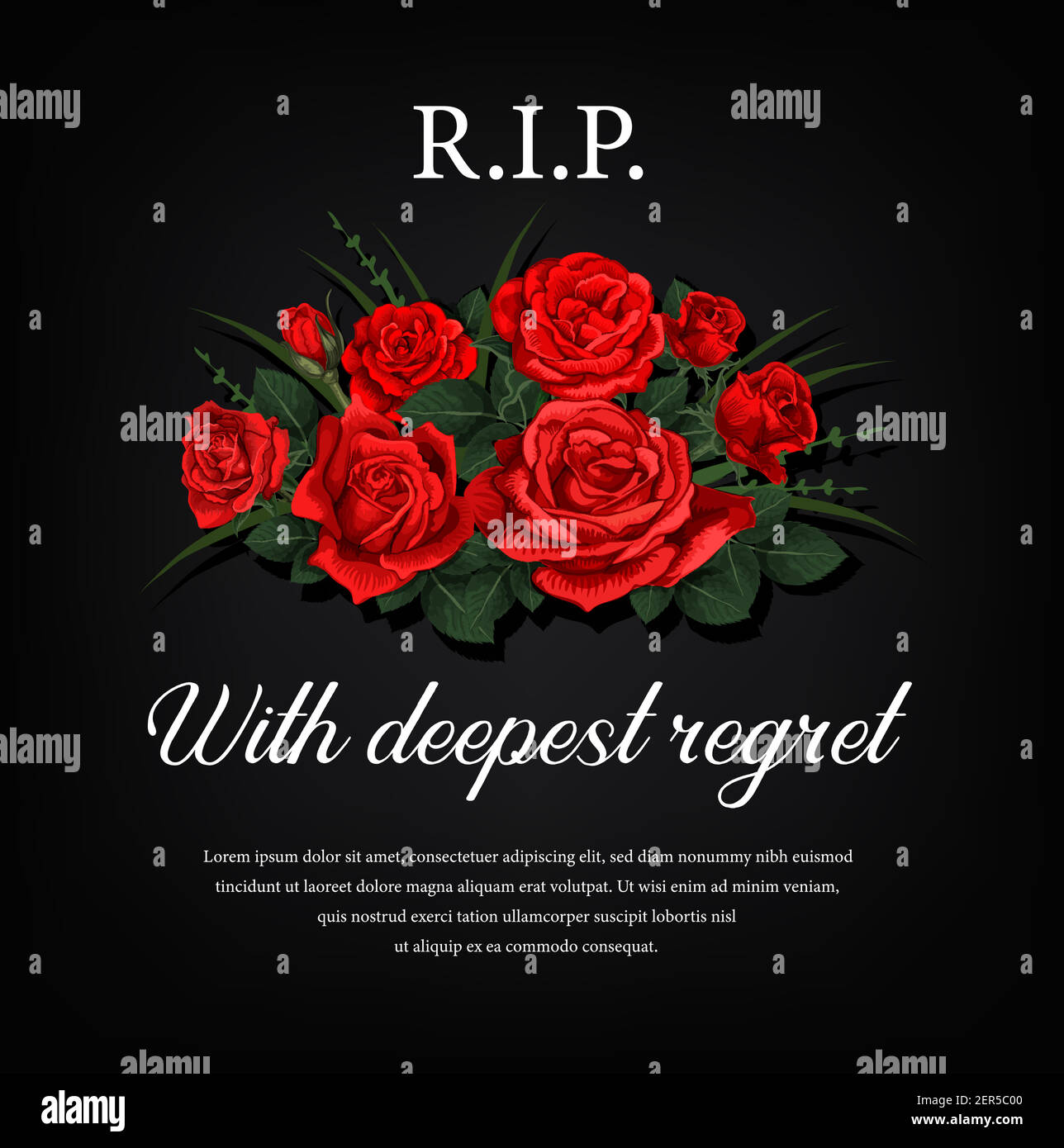 Funeral card with red roses flowers and condolence. Funerary poster ...