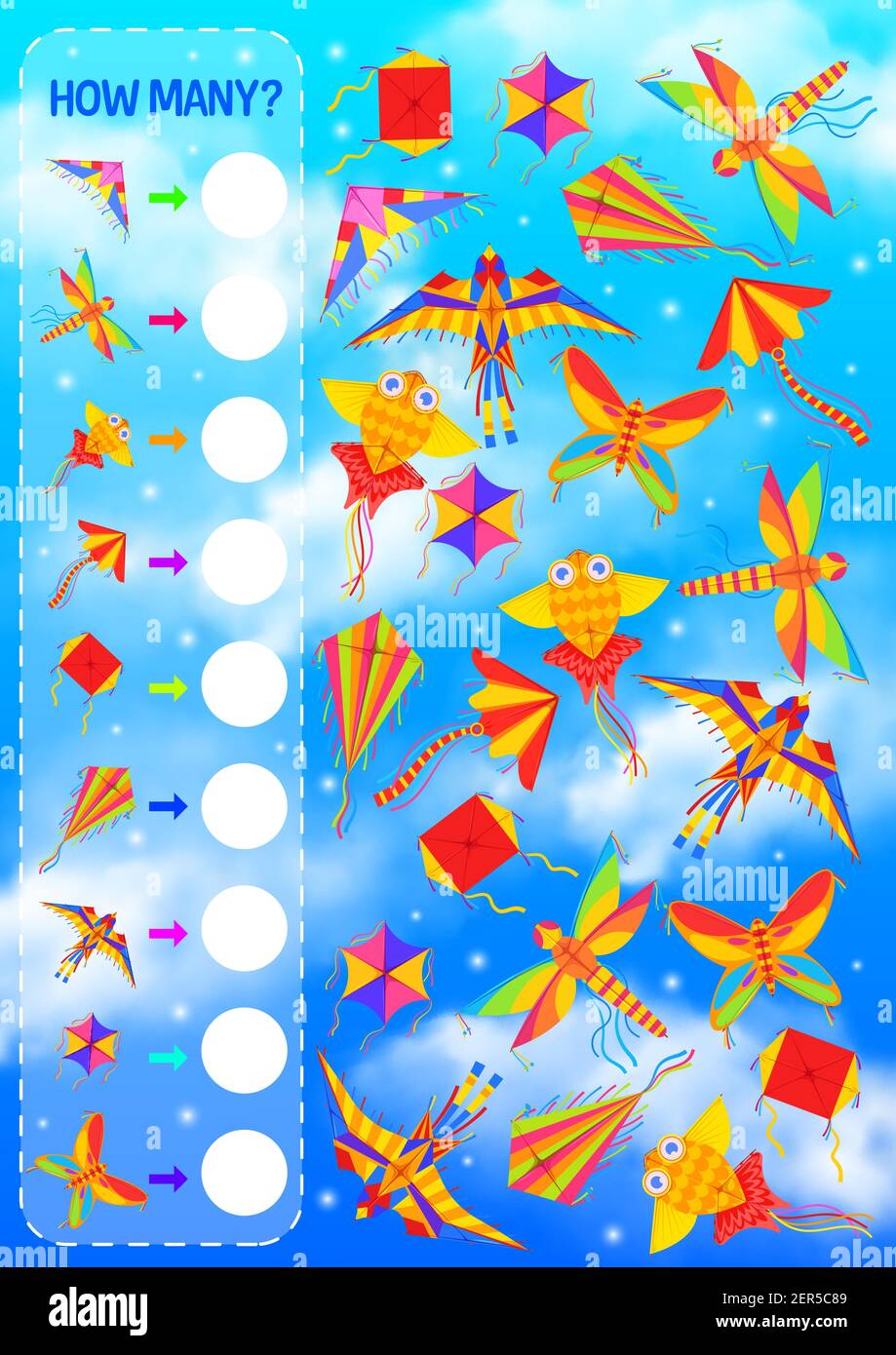 Counting game for kids education vector template with kites flying in ...