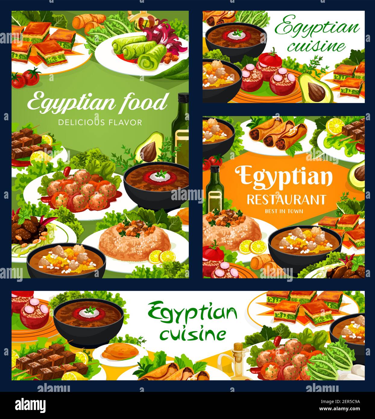 Egyptian cuisine food vector banners. Sweet baklava dessert, sardine ...