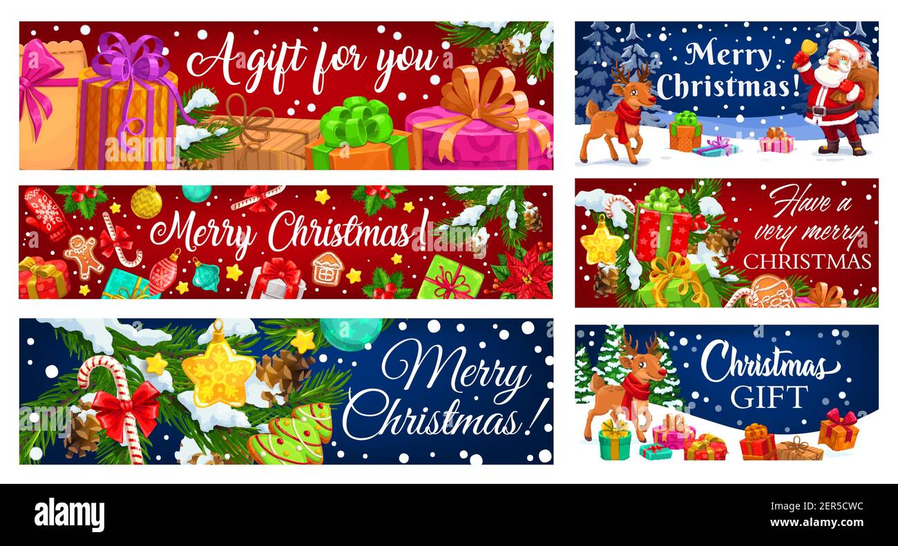 Christmas gift vector greeting banners. Santa and reindeer with winter ...