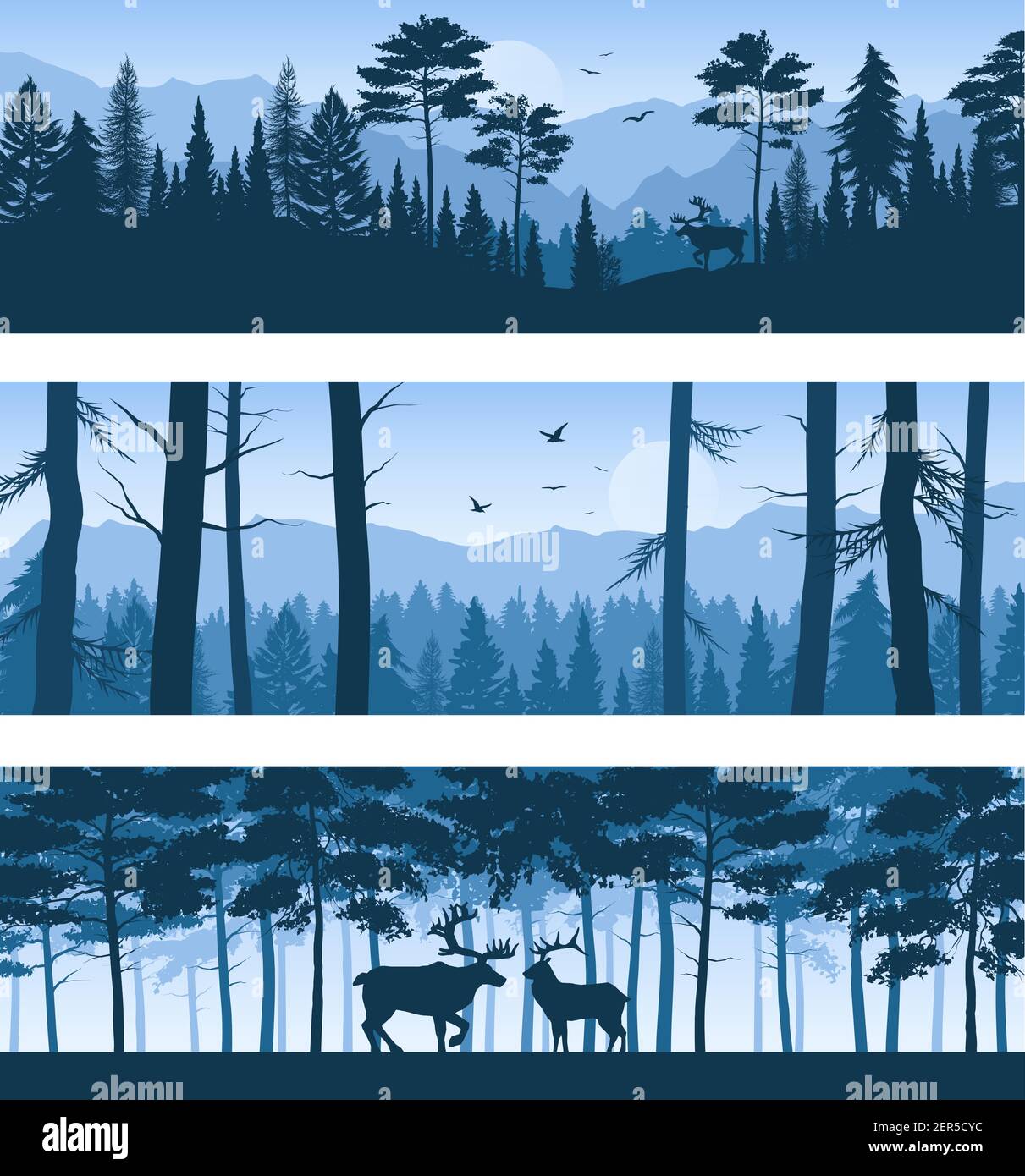 Set of horizontal banners realistic forest landscapes with deers and ...