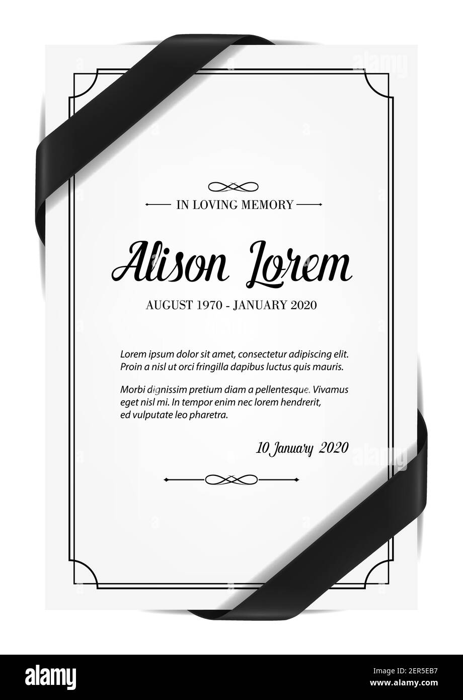 Funerary card with obituary condolence and mourning ribbon. Obituary ...