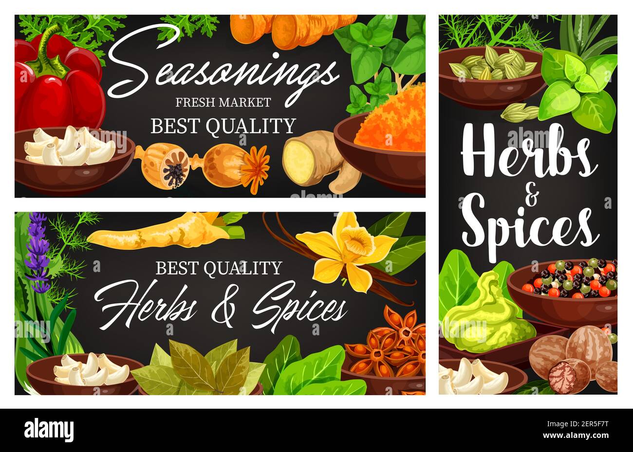 Food spice and herb vector banners with cartoon condiments and ...