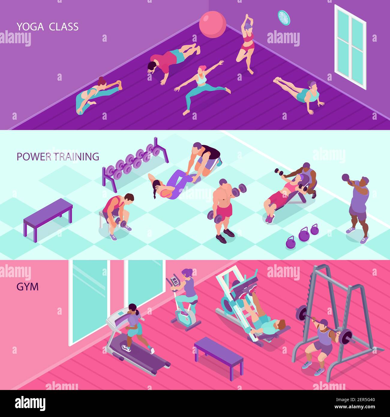 Horizontal fitness banners set with people in gym and at yoga class 3d ...