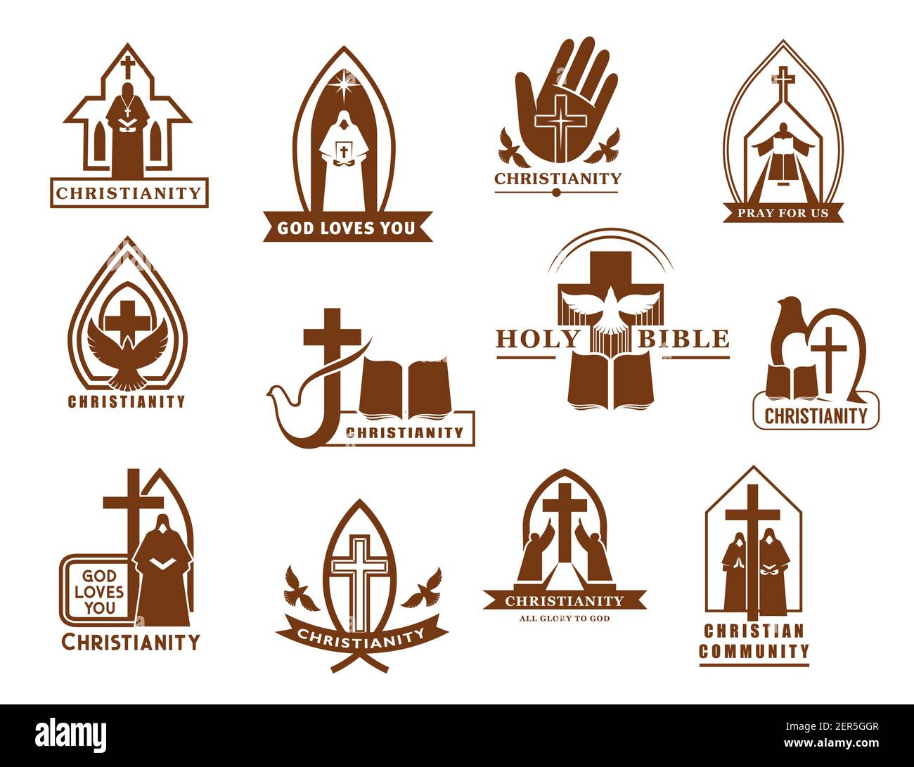 Christianity religion vector icons, cross, Bible and dove, Christian ...