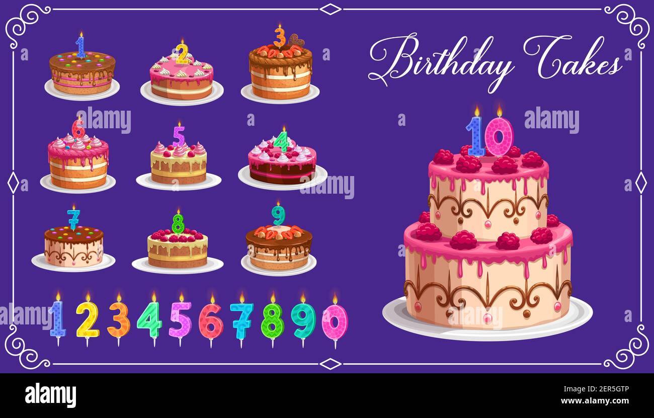 Candles on birthday cakes with age numbers from one to ten isolated ...