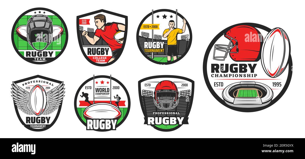 Rugby sport vector icons. American football game signs. Professional ...
