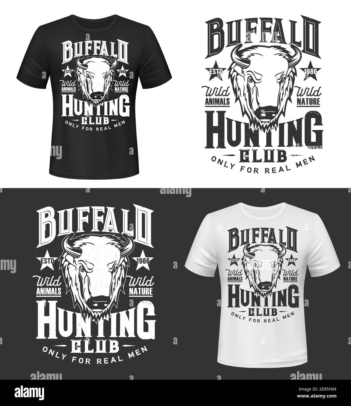 Buffalo bull hunting club t-shirt print mockup, vector wild animal hunt ...