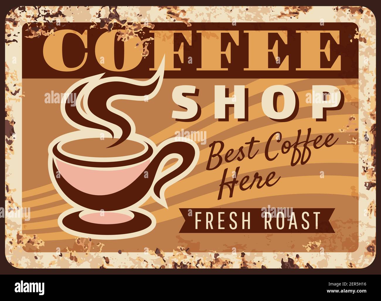 Coffee shop promo vector rusty metal plate. Steaming cup, coffee house ...