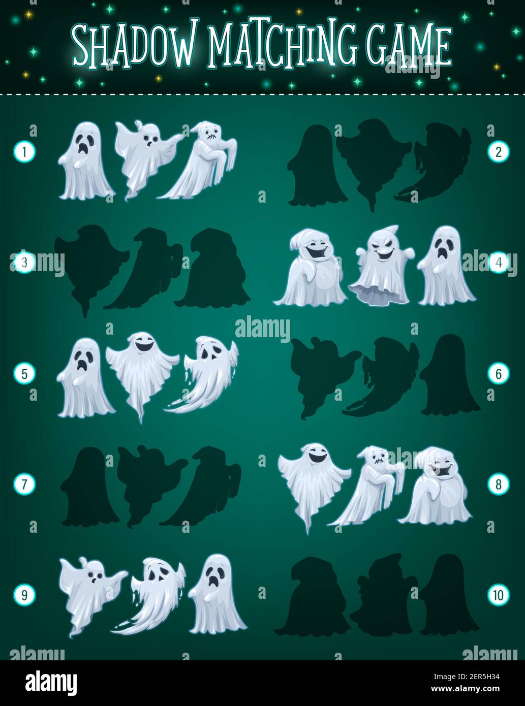 Shadow matching game vector template with Halloween ghosts. Kids ...