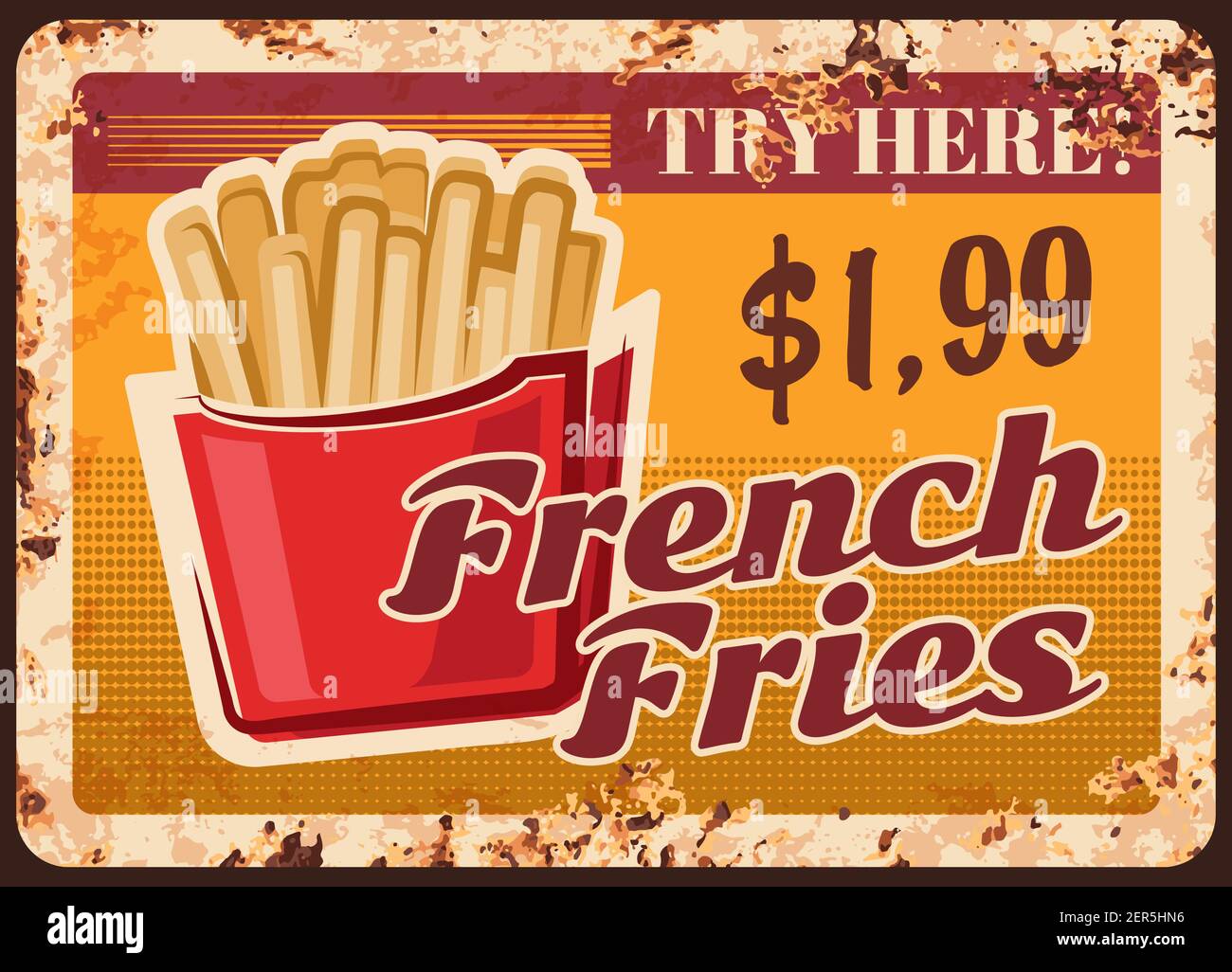 Fries metal rusty plate, fast food menu snacks, vector vintage grunge ...