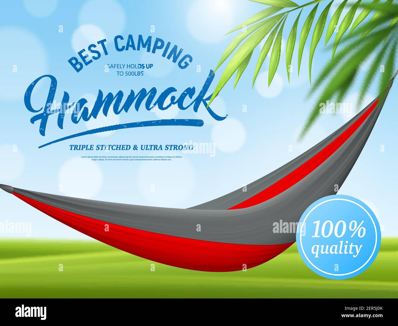 Realistic hammock and palm branch advertising poster on green blue ...
